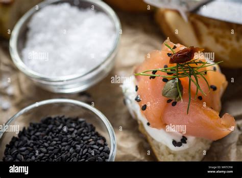 Finger Food Smoked Salmon Canape With Cream Cheese Fresh Dill And