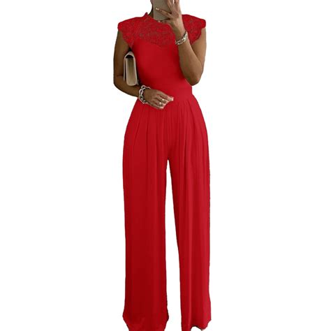 Lenpel Jumpsuits For Women Lace Hollow Out Cap Sleeve Mock Neck Wide