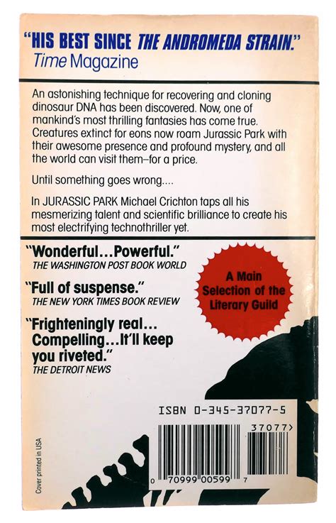 Jurassic Park A Novel By Crichton Michael Very Good Mass Market