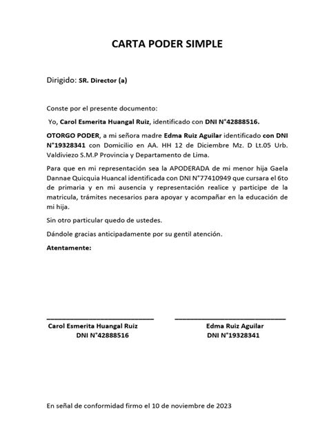 Carta Poder Simple De Apoderado Edma Pdf