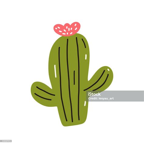 흰색 배경에 고립 된 꽃이있는 귀여운 선인장 손으로 그린 평면 스타일의 벡터 일러스트레이션입니다 카드 로고 장식 다양한 디자인에 적합합니다 식물 클립 아트 0명에 대한 스톡