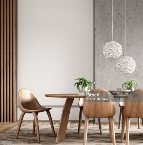 현대적인 식사 공간 식탁 콘크리트 벽이 있는 방의 나무 의자 내부 홈 디자인 3d 렌더링 디자인 전문가에 대한 스톡 사진 및 기타 이미지 Istock