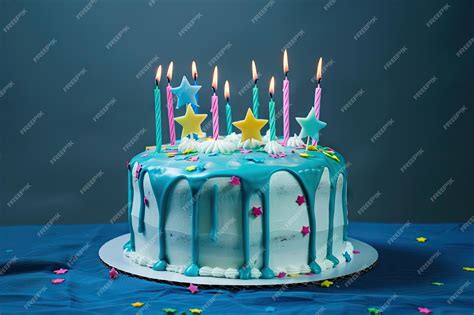 Premium Photo White Birthday Drip Cake With Teal Ganache Star Toppers