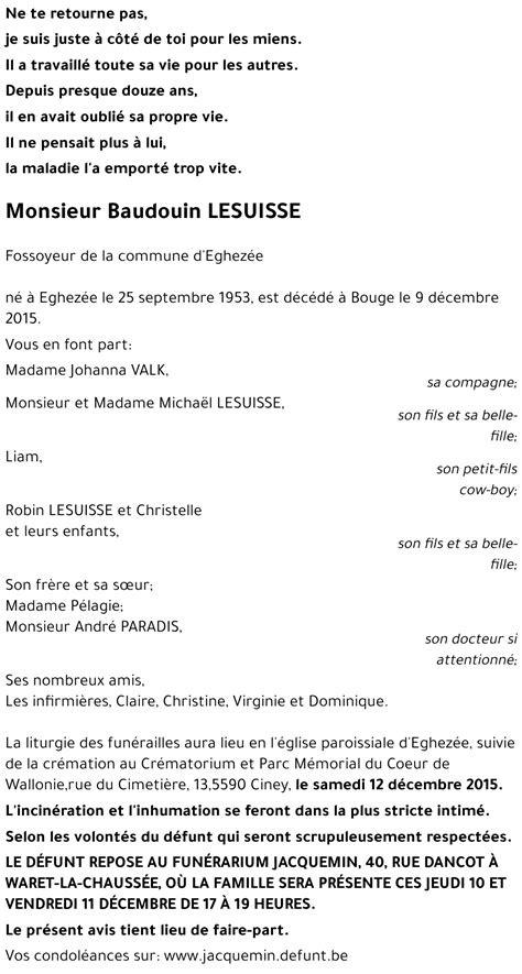 Avis De Décès De Baudouin Lesuisse Décédé Le 09 12 2015 à Bouge Annonce Condoléances Fleurs