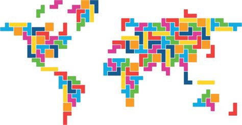 Flat Vector Illustration Of A Colourful Tetris Block World Map Mosaic