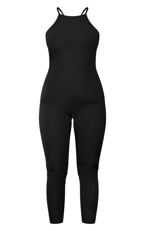 Black Rib Strappy Racer Jumpsuit Jumpsuits And Playsuits