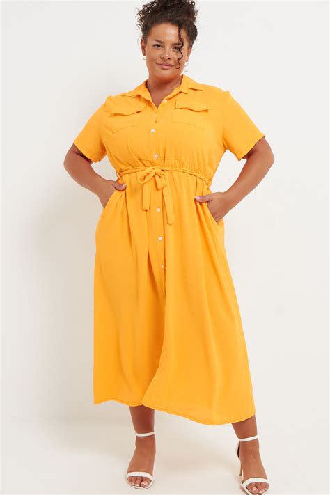 Plus Size Yellow Button Through Tie Waist Shirt Midi Dress With Pockets