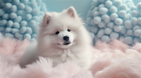 생생한 핑크색과 파란색 깃털 배경에 흰색 푹신한 개 포즈 핑크 블루 배경 개 배경 흰 깃털 배경 이미지 Hd 핑크 블루