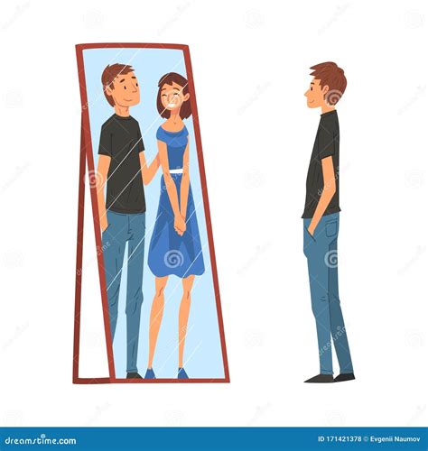 Lonely Guy Standing In Front Of Mirror Looking At His Reflection And