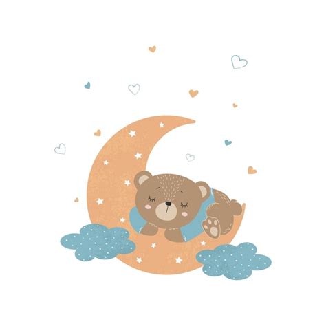 Lindo osito durmiendo en la luna ilustración infantil para carteles