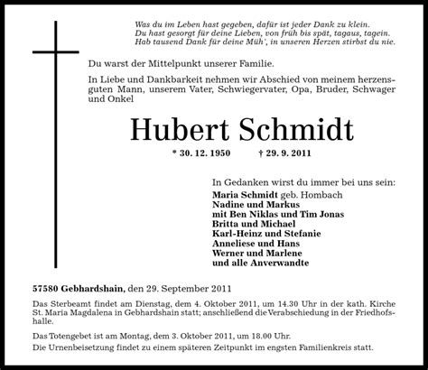 Traueranzeigen Von Hubert Schmidt Rz Trauer De