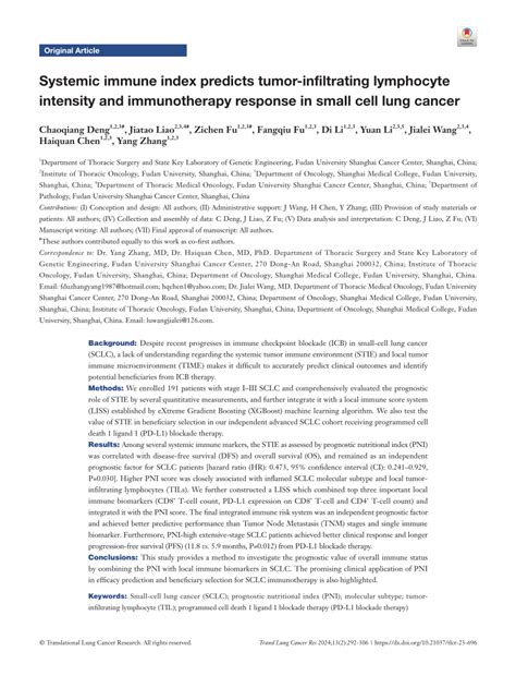 Pdf Systemic Immune Index Predicts Tumor Infiltrating Lymphocyte