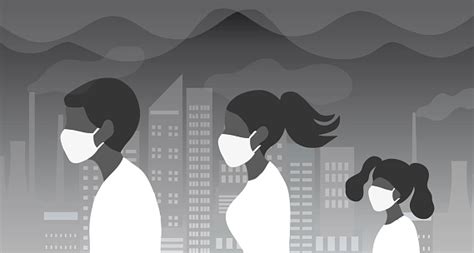 얼굴 마스크를 착용한 가족은 도시 공장 파이프 및 산업용 스모그 벡터 일러스트레이션에서 연기 먼지 및 대기 오염을 보호합니다 환경 및 대기 오염 개념 배경 먼지에 대한 스톡