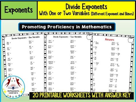 Dividing Exponents With One Or Two Variables Different Exponents And Bases Worksheets Math