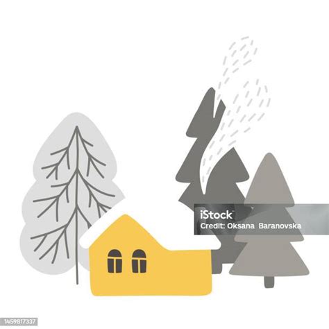 벡터 노란 집과 숲의 나무 흰색 배경에 격리 된 겨울 아늑한 구성 12월에 대한 스톡 벡터 아트 및 기타 이미지 12월 1