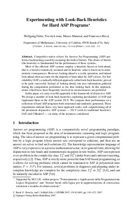 Pdf Experimenting With Look Back Heuristics For Hard Asp Programs