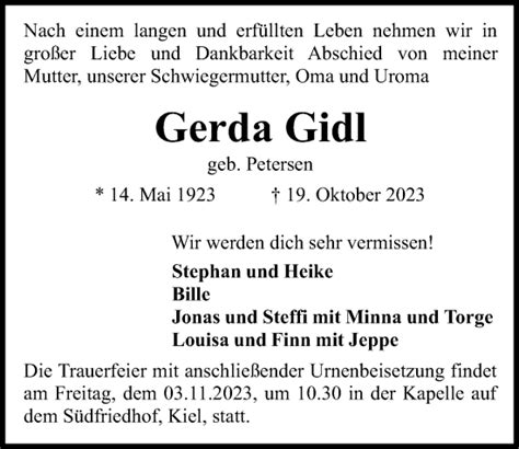 Traueranzeigen Von Gerda Gidl Trauer Anzeigen De