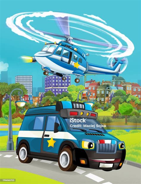卡通場景與警車在路上和直升機飛行向量圖形及更多交通圖片 交通 交通方式 保安 Istock