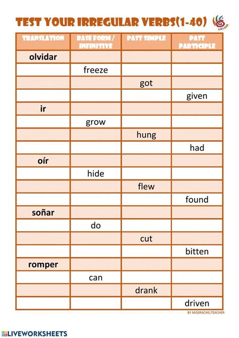 Test Your Irregular Verbs 1 40 Worksheet