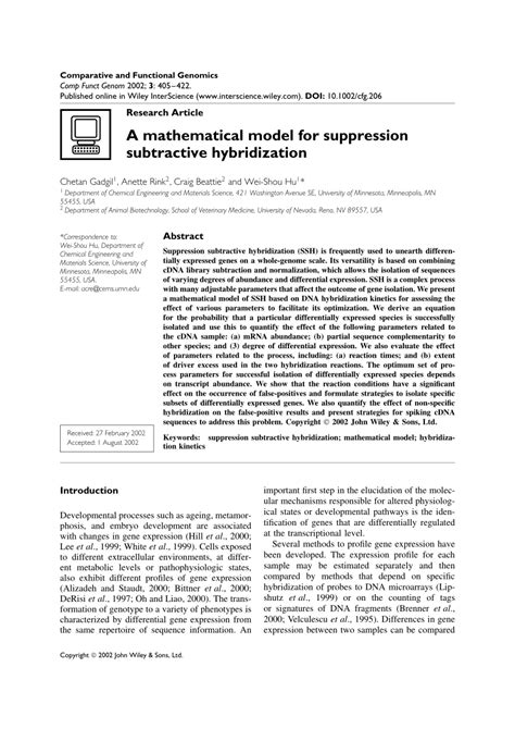 PDF A Mathematical Model For Suppression Subtractive Hybridization
