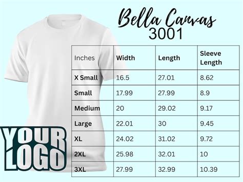 Bella Canvas 3001 Size Chart Canva Editable Template Etsy