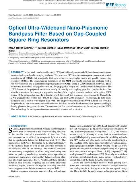 Pdf Optical Ultra Wideband Nano Plasmonic Bandpass Filter Based On