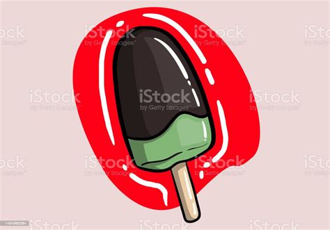 전체와 물린 아이스크림 손으로 그린 벡터 삽화 아이스 캔디는 배경에 고립 된 나무 막대기로 초콜릿을 덮었습니다 갈색에 대한 스톡