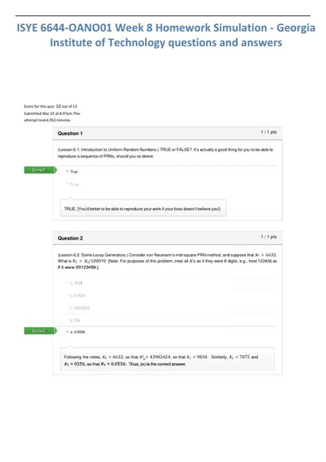 Isye 6644 Oano01 Week 8 Homework Simulation Georgia Institute Of Technology Questions And