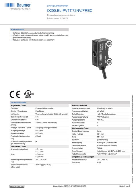 Baumer O EL PV T NV FREC Through Beam Sensor Datenblatt Manualzz