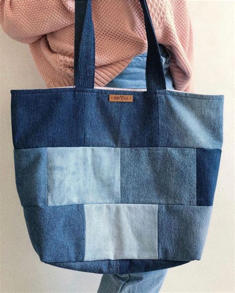 Denim Patchwork Tote Bag Etsy In 2024 Recycled Jeans Bag Patchwork