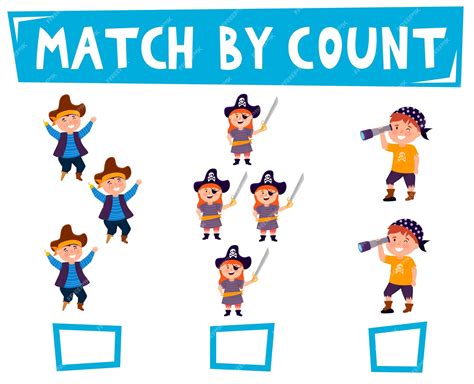 다른 해적 만화 벡터 일러스트와 함께 취학 전 어린이를위한 숫자 자료 교육 게임을 배우는 아이 프리미엄 벡터