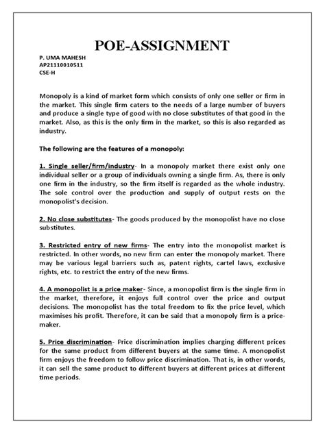 Poe Assignment Ap21110010511 Uma Mahesh Pdf Monopoly Profit Economics