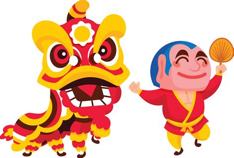Flat Design Of Lion Dance With Big Head Buddha Performance For Chinese New Year Celebration