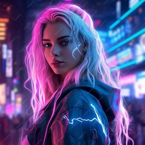 Premium Ai Image A Wide Angle Photo Of A Blonde Cyberpunk Girl With