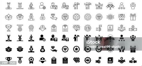 경영 성공상 성취 평면 및 가는 선 아이콘 세트 보상 승자 챔피언 배지 메달 인증서 목표 목표 트로피 왕관을 포함합니다 벡터 스톡 일러스트 메달에 대한 스톡 벡터 아트 및