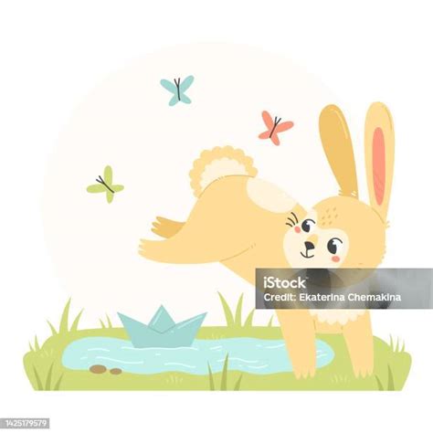 행복한 토끼는 만화 플랫 스타일로 종이 보트를 가지고 놀고 있습니다 토끼 캐릭터가 웅덩이를 뛰어 넘습니다 벡터 스프링