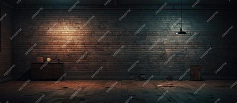 Premium Photo Dimly Lit Room With Tiled Floor And Brick Wall Behind