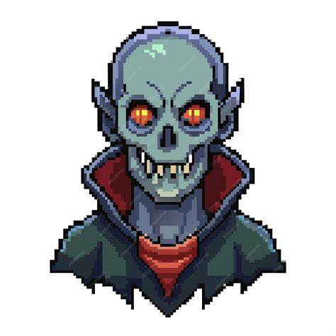 Pixel Art Vampire Character With Red Eyes And Dark Cloak In Retro