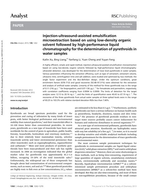 Pdf Injection Ultrasound Assisted Emulsification Microextraction Based On Using Low Density