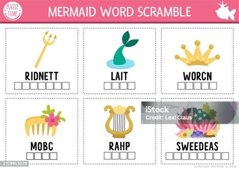 단어 스크램블 카드가 있는 벡터 인어 활동 페이지입니다 바다 공주 꼬리 삼지창 아이들을 위한 하프와 영어 게임 바다 왕국 가족 퀴즈 해양 교육 인쇄용 워크시트 0명에 대한