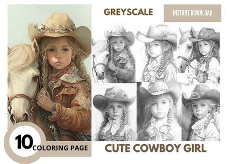 10 Cute Cowgirl Coloring Pages For Adult Greyscale Coloring Etsy
