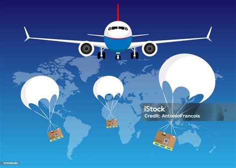 비행기 물류 배달 메일 서비스 벡터 또는 항공기 화물 및 화물 항공 우편 소포 택배 개념 평면 만화 일러스트 에어 메일 글로벌 운송 아이디어 비행기에 대한 스톡 벡터 아트