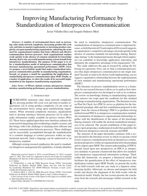 pdf improving manufacturing performance by standardization of