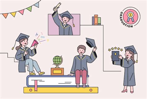 졸업 의상을 입은 사람들은 거대한 책에 앉아 있거나 졸업장을 들고 축하하고 있습니다 프리미엄 벡터