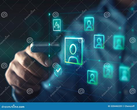 hand interacting with digital interface displaying user icons stock