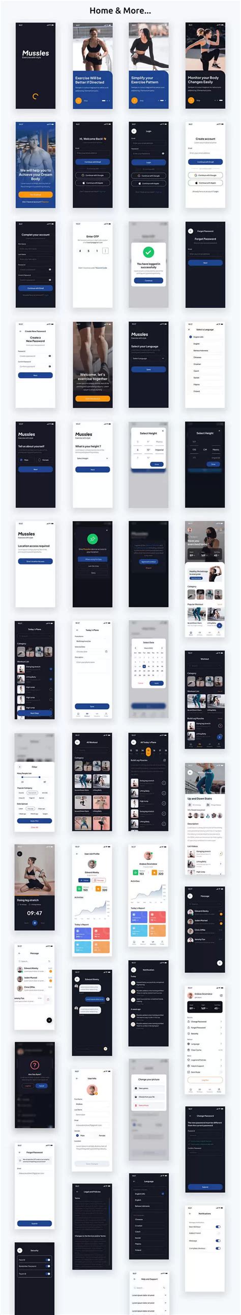 Mussles含100屏瑜伽健身锻炼react Native手机app端ui模板 带figma文件 云创源码