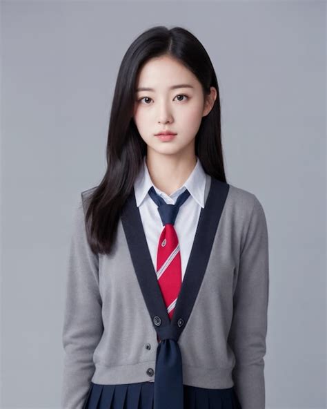 Premium Ai Image A Girl With A Red Tie And A Grey Sweater With The Word Girl On It