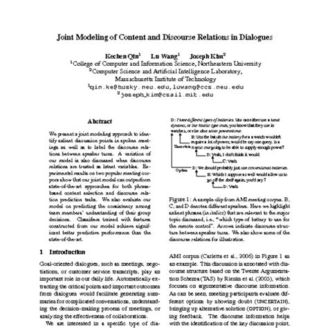 Joint Modeling Of Content And Discourse Relations In Dialogues Acl Anthology