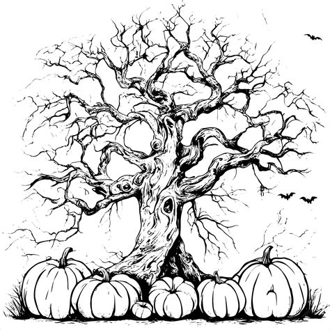 Halloween Scary Tree Vector With Halloween Pumpkin Sketch Isolated On