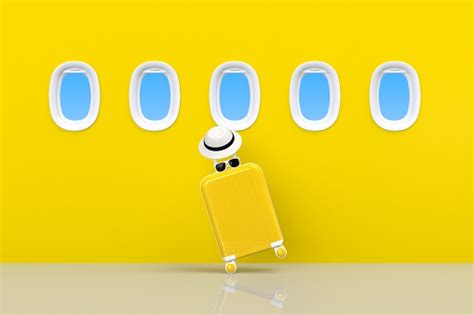 노란색 배경에 선글라스 모자와 비행기 창 현대 노란색 가방 가방 여행 개념 휴가 여행 공간을 복사합니다 최소한의 스타일 3d 렌더링 일러스트레이션 3차원 형태에 대한 스톡